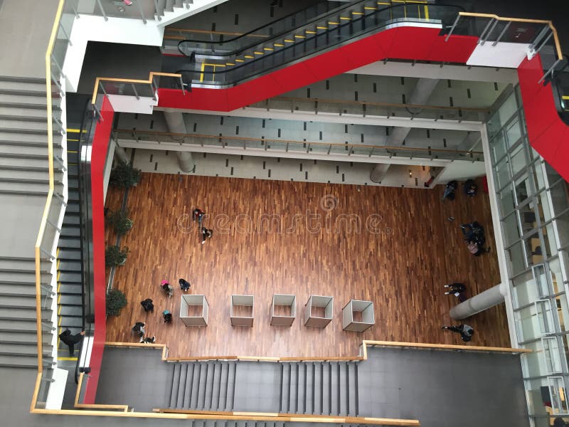 Topview of a Five Level Building with Many Stairs in Red and White ...