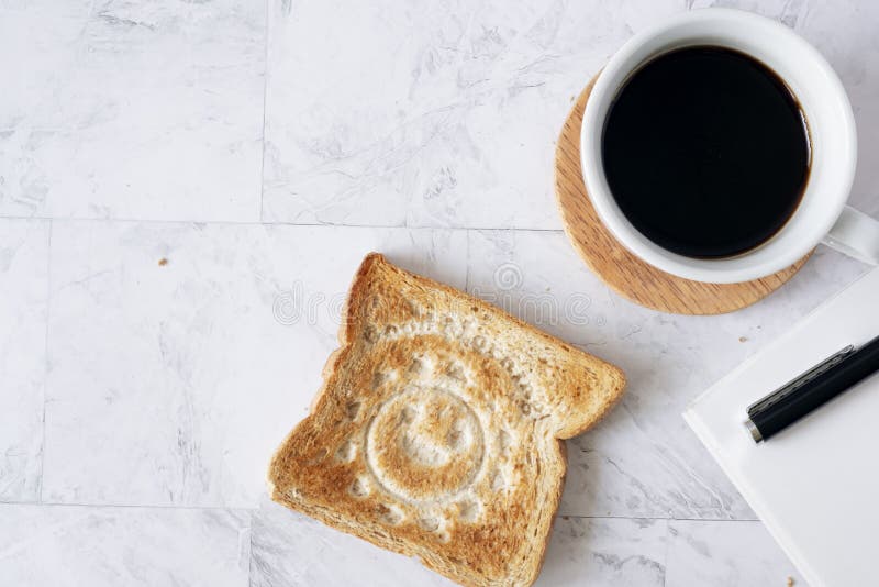 Topview Flat Lay of Working Table with Coffee and Toast Bread Stock ...