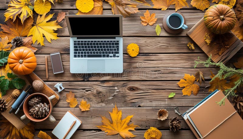 Topview Office Desk Decorate Autumn Theme Stock Illustration ...