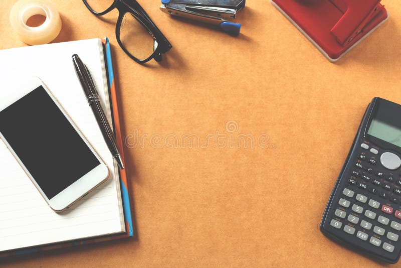 Topview of Wooden Desktop with Office Tools. Mock Up, Soft Focus Stock ...