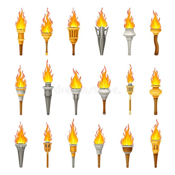 Torch with Bright Burning Flame and Fire Vector Set Stock Vector ...
