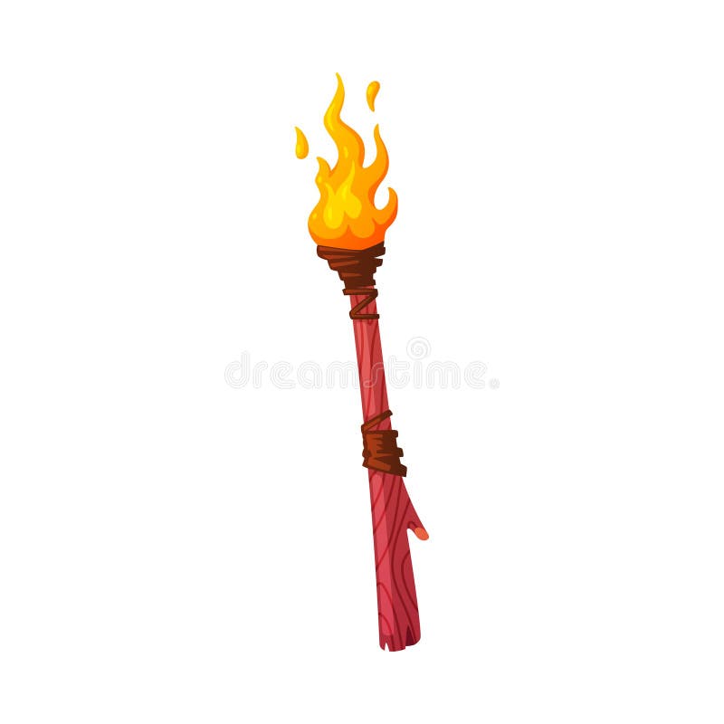 Torch with Burning Flame As Ancient Tool with Wooden Shaft Vector ...