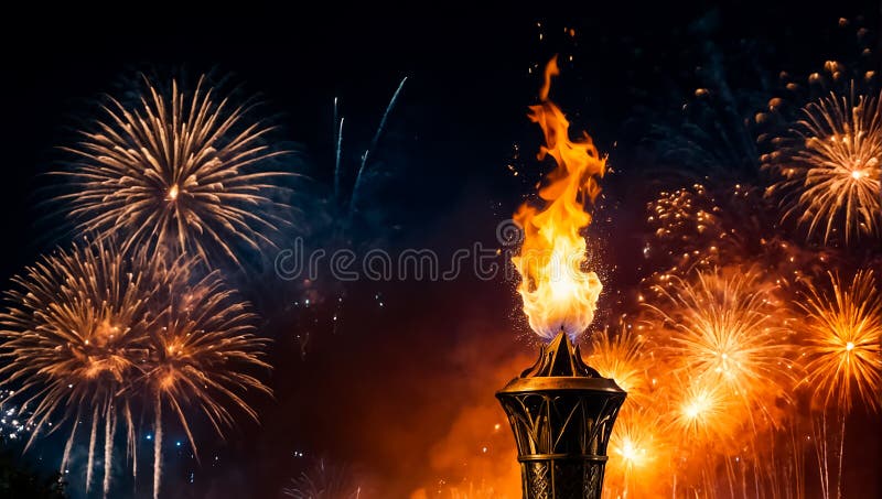 Torch with Fire, Symbol of the Olympics, Celebration Fireworks ...