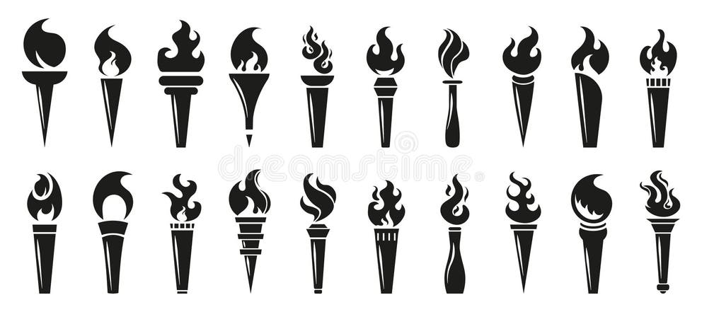 Torch Flame Icons. Big Set of Different Torch Fire Flames in Black ...
