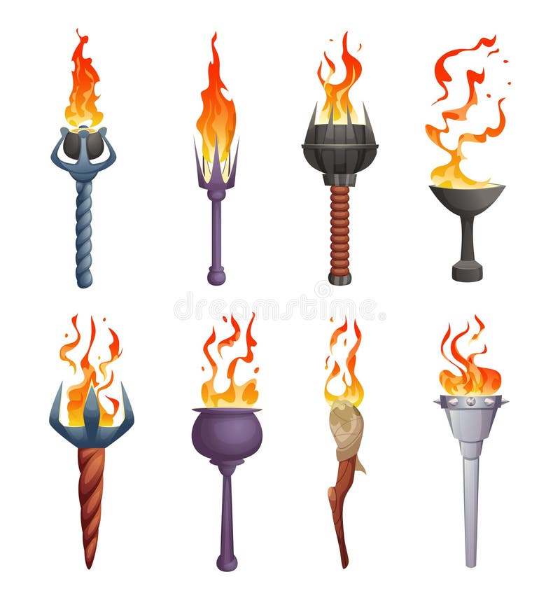 Torch Flame. Various Stick with Burning Flame Ancient Illumination ...