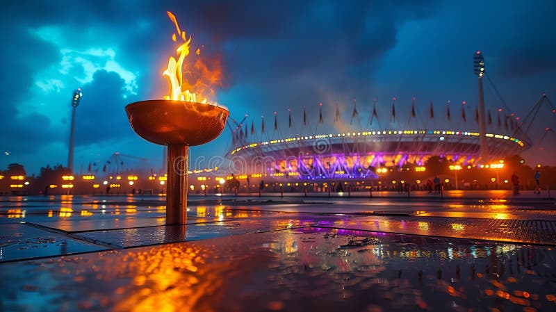 The Burning Torch in Front of Olympic Stadium Stock Illustration ...