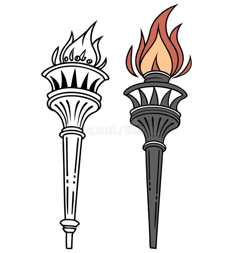 Torch Illustration Black and White Outline Version and Colorized ...