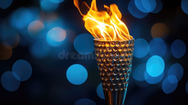 Torch with Olympic Flame on Blurred Dark Background with Bokeh ...