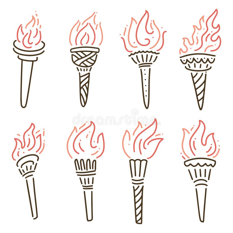 Torch Olympics Sports Outline Doodle Red Orange Set Stock Vector ...