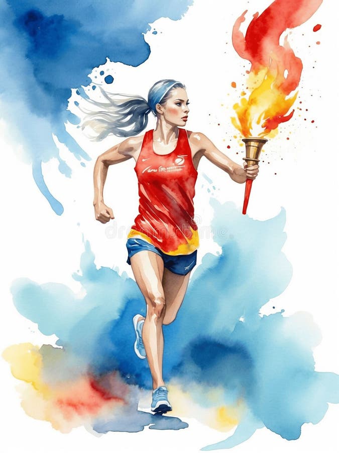 Watercolor Illustration of a Female Athlete Running with a Torch in Her ...