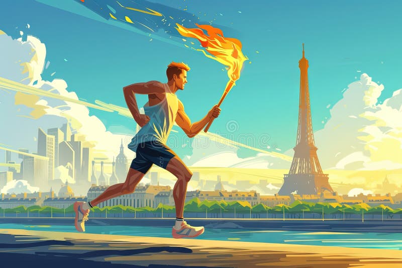 Torchbearer, Vector Illustration of Running Athletic Man with Olympic ...