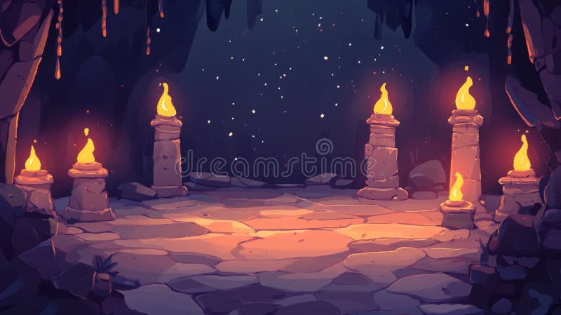 Torches Burning on Stone Pillars in a Cave Stock Image - Image of eerie ...