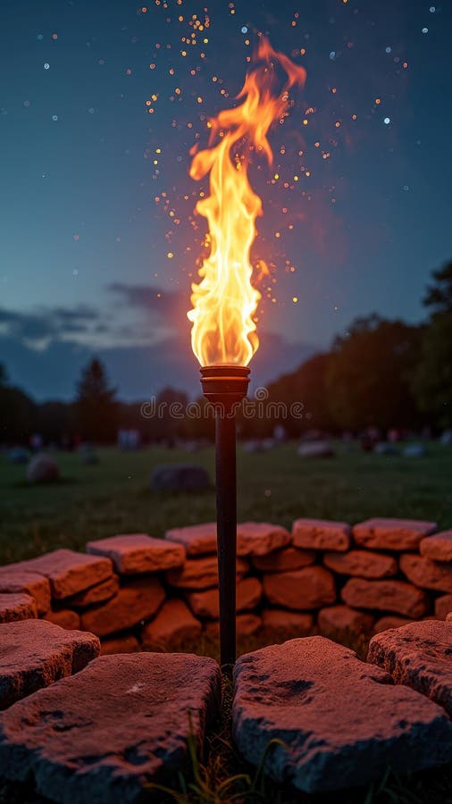 Torchlight at Dusk in Stone Fire Pit with Glowing Flame Under Night Sky ...