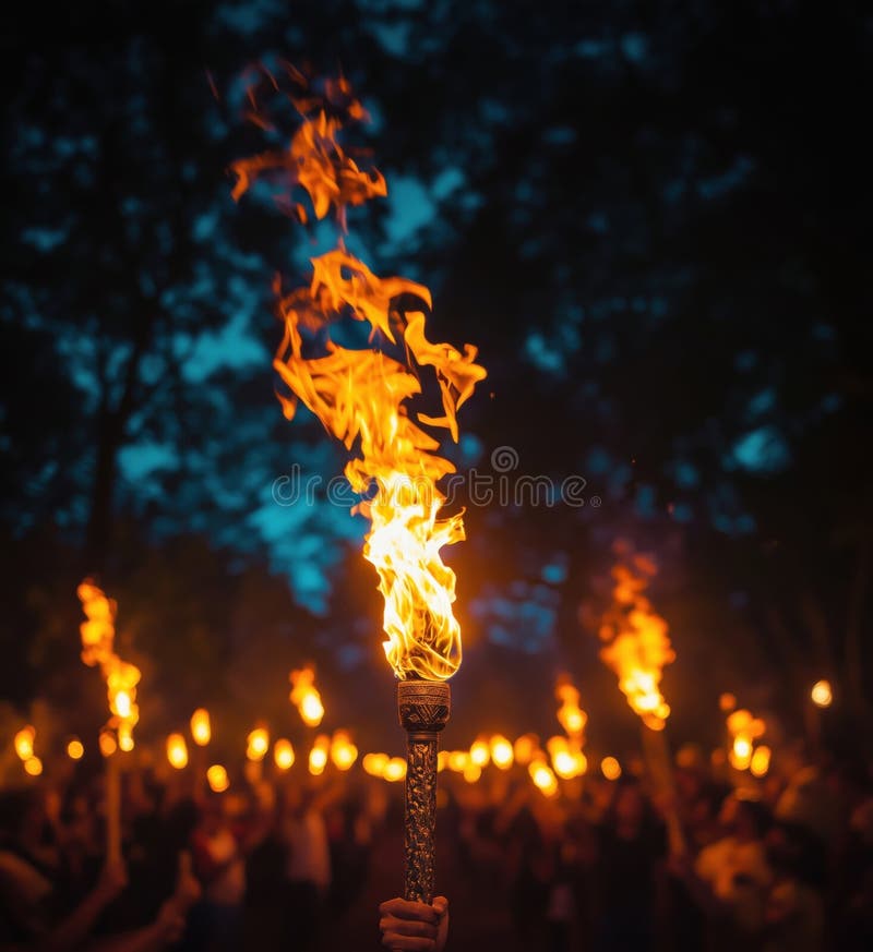 Torchlight Procession with Flames Illuminating Night Sky and Crowd in ...
