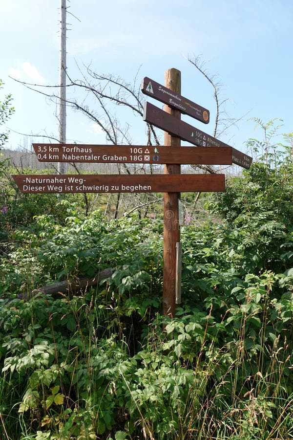 Signpost at the Harzer Hexen-Stieg Trail in the Harzer Mountains ...