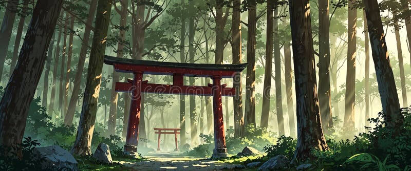 Torii Forest Afternoon , Anime Background , Illustration. Stock Image ...