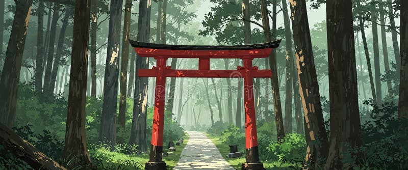 Torii Forest - Day , Anime Background , Illustration. Stock Image ...