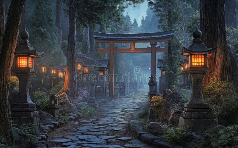 Torii Forest is Illustrated in an Anime Style Against a Rainy Backdrop ...