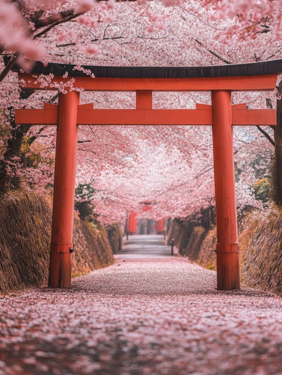 A Torii Gate Framed by Cherry Blossoms in Full Bloom. Stock Image - Image of tranquil, gate ...