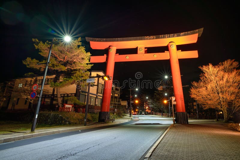 Torii Gate Over the Highway with Illuminated Lights at Night Stock ...