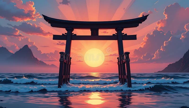 Torii Gate Sunset Serenity Over Ocean with Clouds and Mountain Backdrop ...