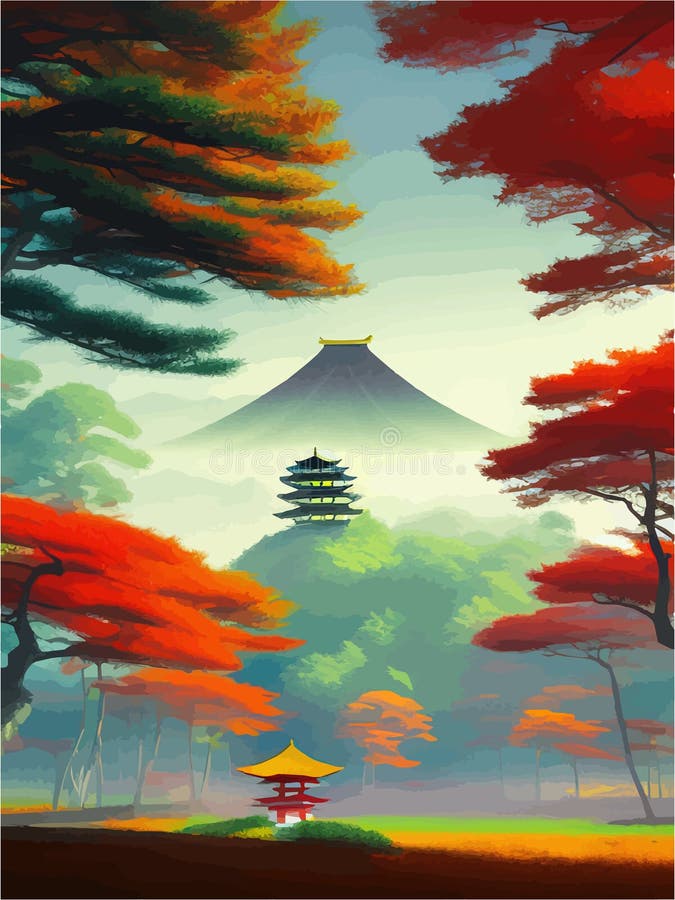 Torii Japanese Shinto Next To Japanese Colored Forest with Mountains ...