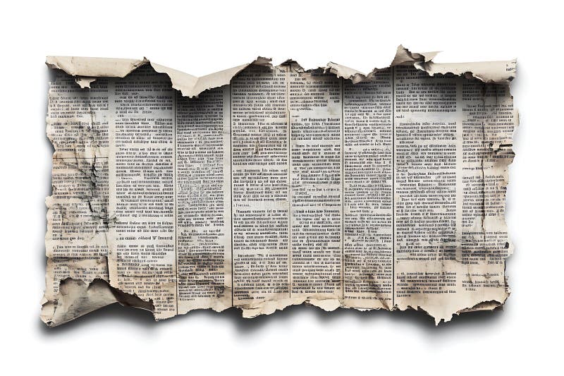 Torn, Aged Newspaper Page with Illegible Text, Isolated on White Stock ...