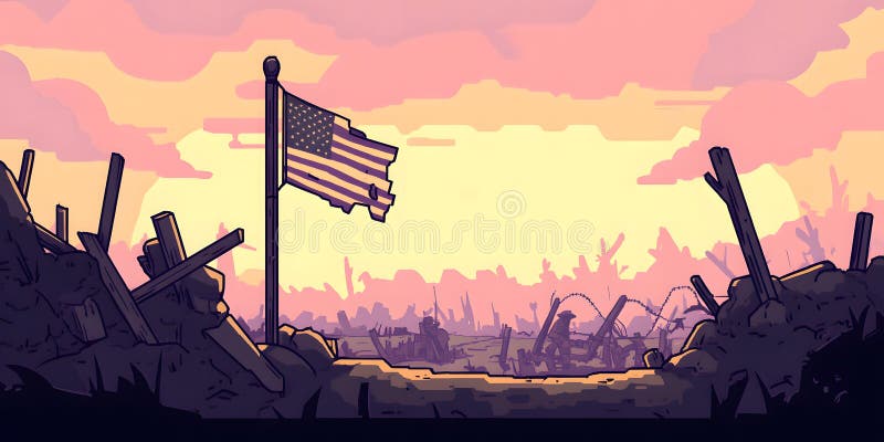 Torn American Flag at Sunset Over a Devastated Battlefield War ...