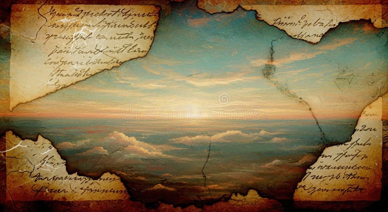 Torn Antique Manuscript with Burnt Edges Reveals a Painted Sunset Over ...