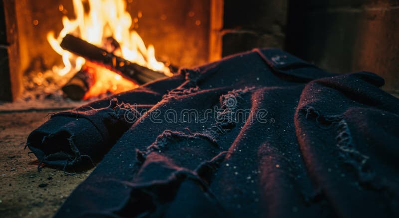 Torn Blue Coat Near Fireplace with Burning Fire Stock Illustration ...