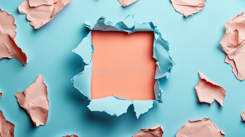 Torn Blue Paper Revealing Peach Background with Scattered Torn Paper ...