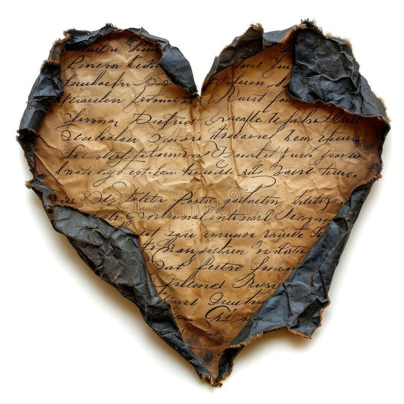 Torn and Burned Heart-shaped Love Letter with Old Cursive Handwriting ...