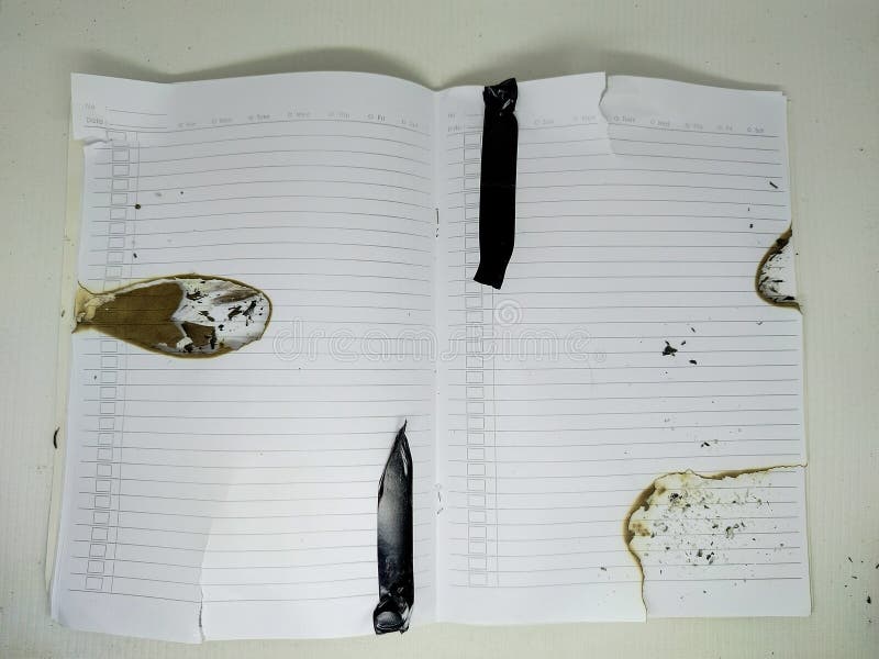 Torn and Burned Pages of a Lined Notebook, Marked by Blackened Stains ...