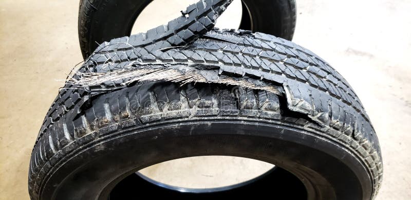 Torn Car Tire Close Up. Big Hole Stock Photo - Image of broken, auto ...