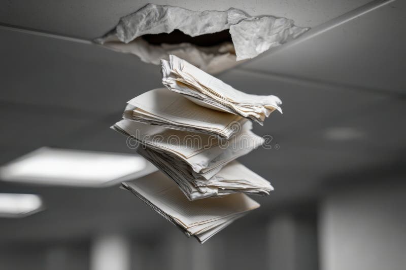 Torn Ceiling with Hanging Papers in Modern Office Environment Captured ...
