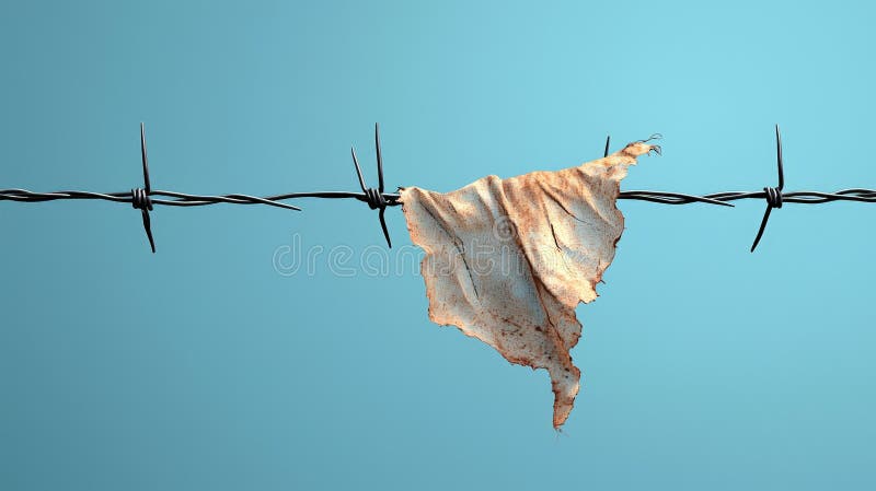 Torn Fabric Hanging on Barbed Wire Against a Clear Blue Background ...