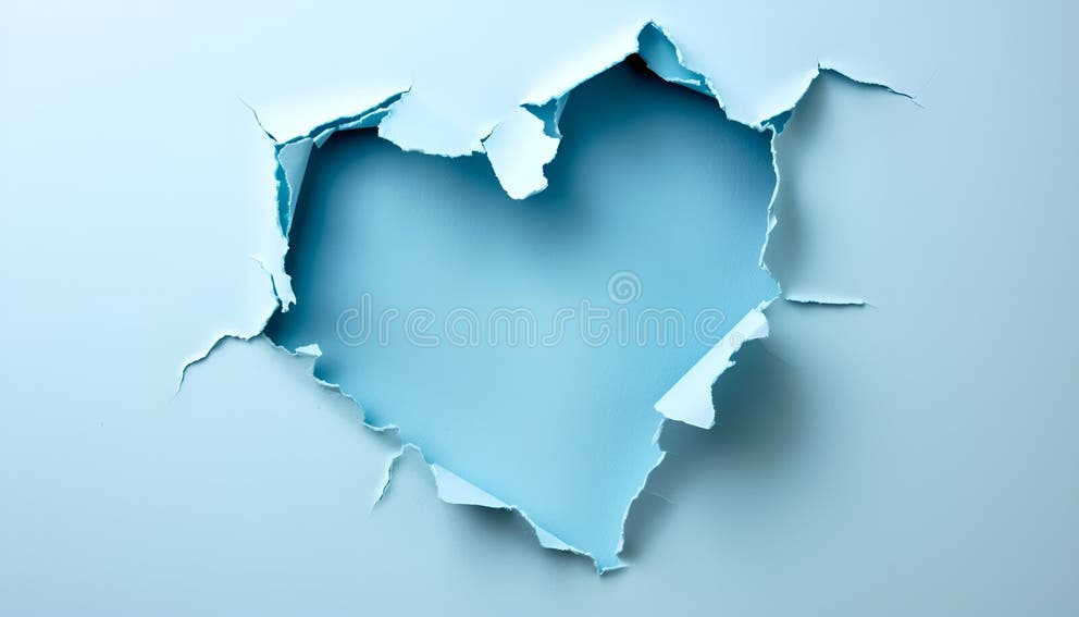Torn Heart Shaped Hole in Light Blue Paper on White Background Stock ...