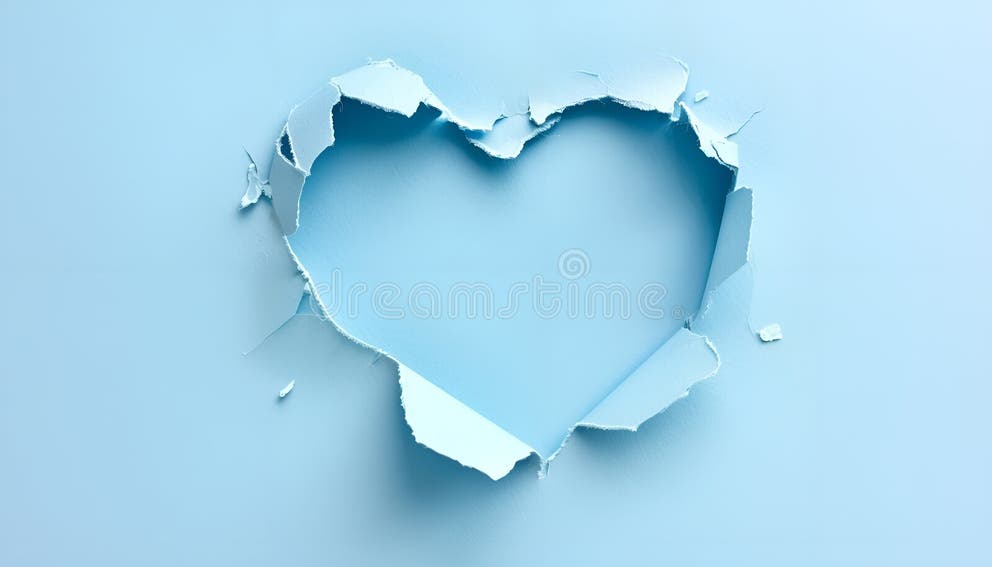 Torn Heart Shaped Hole in Light Blue Paper on White Background Stock ...