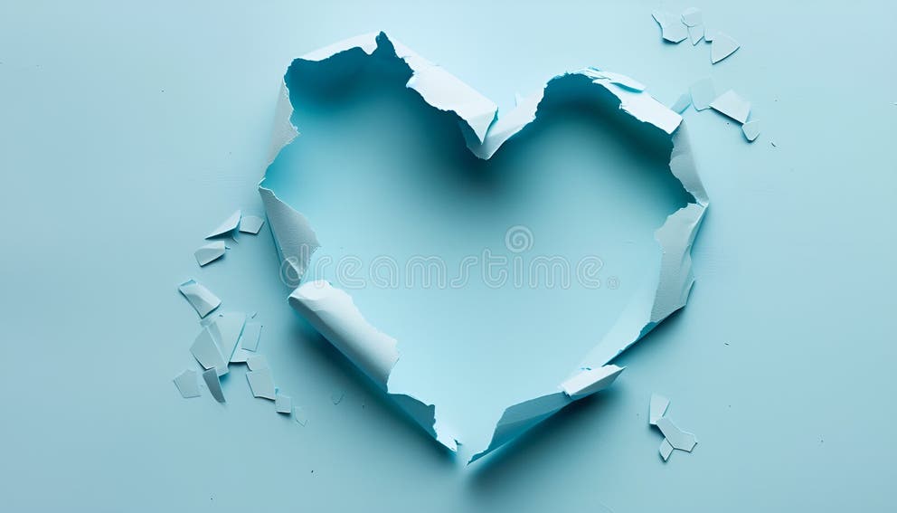 Torn Heart Shaped Hole in Light Blue Paper on White Background Stock ...
