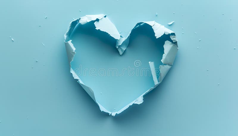 Torn Heart Shaped Hole in Light Blue Paper on White Background Stock ...
