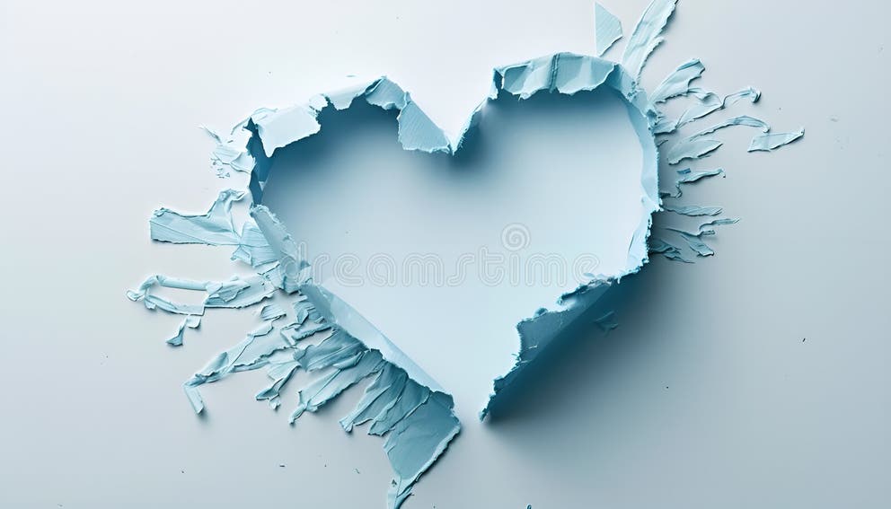 Torn Heart Shaped Hole in Light Blue Paper on White Background Stock ...