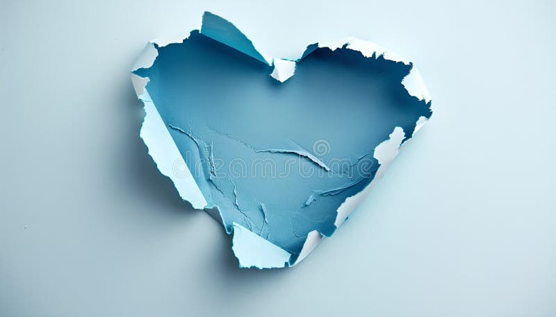 Torn Heart Shaped Hole in Light Blue Paper on White Background Stock ...