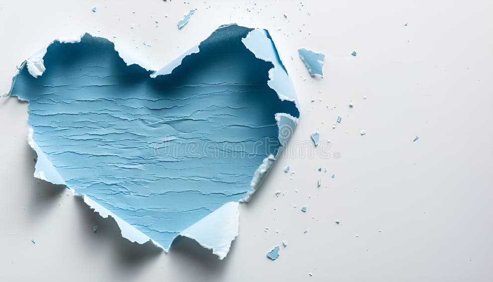 Torn Heart Shaped Hole in Light Blue Paper on White Background Stock ...