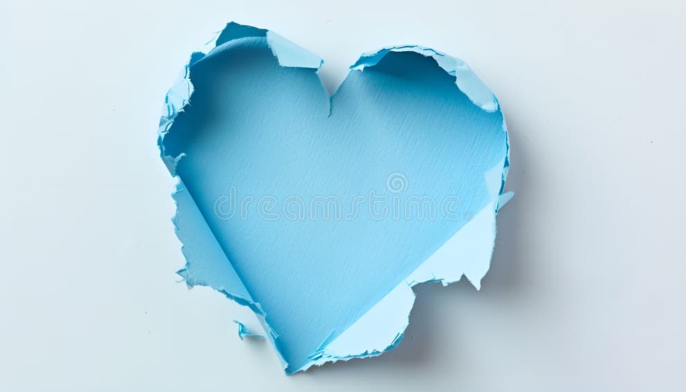 Torn Heart Shaped Hole in Light Blue Paper on White Background Stock ...