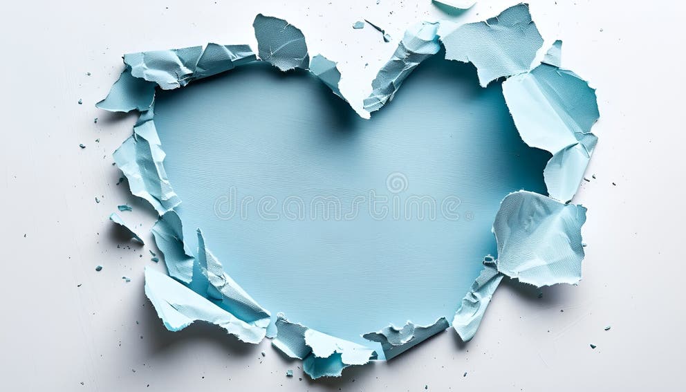 Torn Heart Shaped Hole in Light Blue Paper on White Background Stock ...