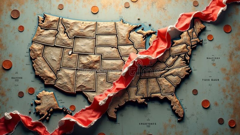 Torn Map of the United States with Red Ribbon and Scattered Coins on ...