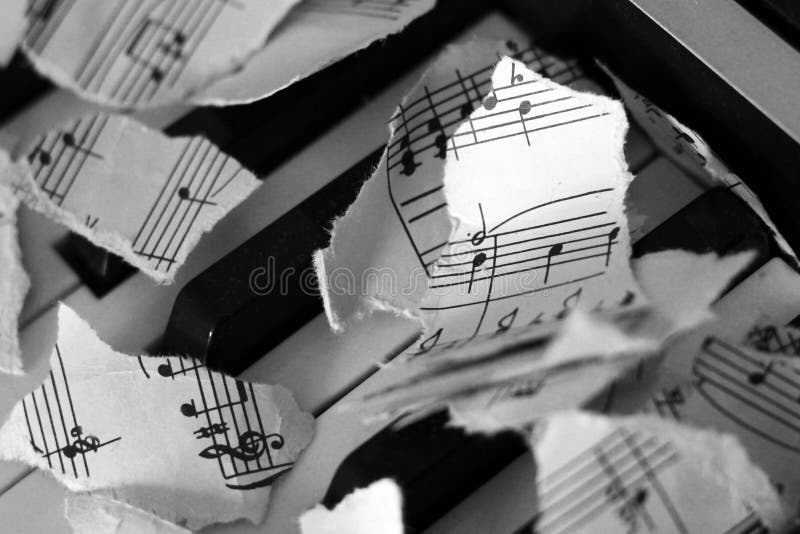 Torn Musical Notes, Pieces of Paper on Piano, Monochrome Stock Photo ...