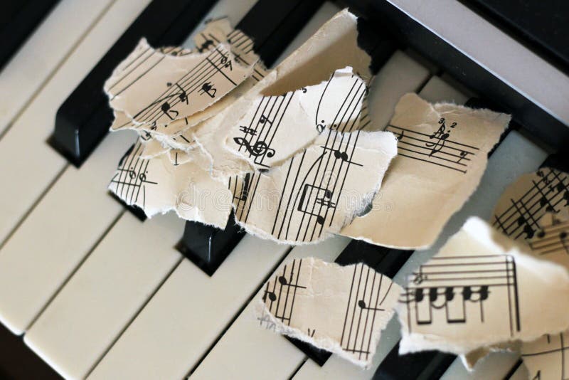 Torn Musical Notes, Pieces of Paper on Piano, Top View Stock Image ...