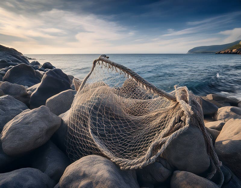 A Torn Net Tangled Around Jagged Rocks on a Shoreline, Representing ...