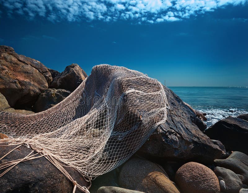 A Torn Net Tangled Around Jagged Rocks on a Shoreline, Representing ...